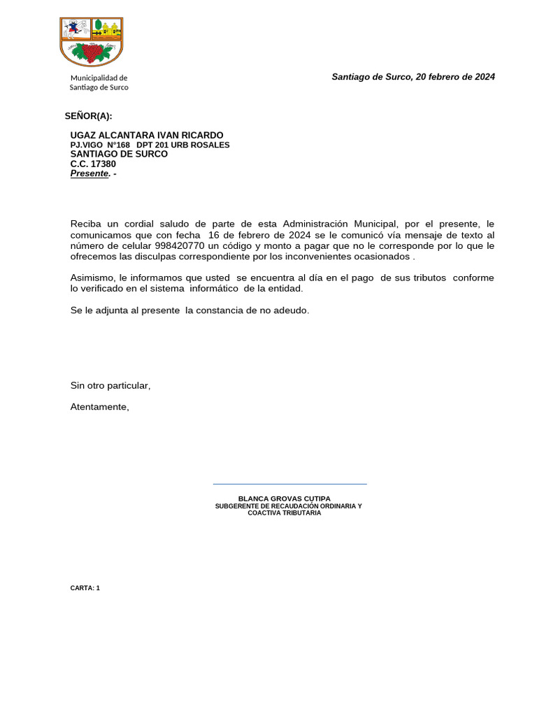 Carta - Disculpas | PDF