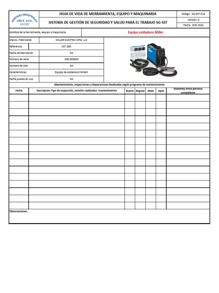 SG-SST-F14 Hoja de vida de equipos herramientas y maquinaria. | PDF