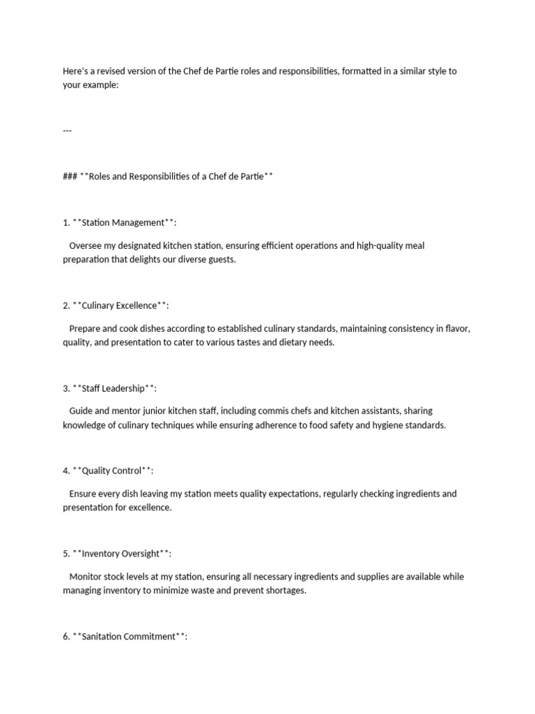 Chef de Partie Roles & Responsibilities | PDF