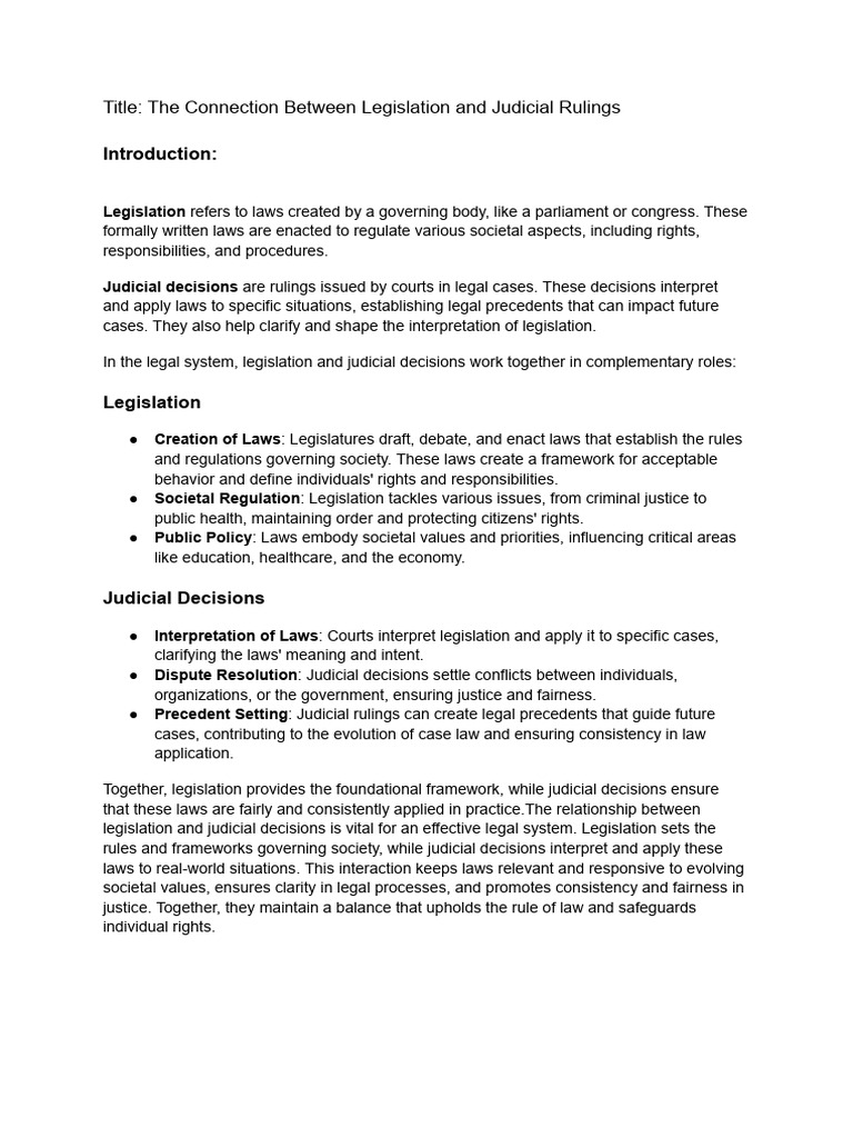 Title The Connection Between Legislation and Judicial Rulings 1 | PDF ...