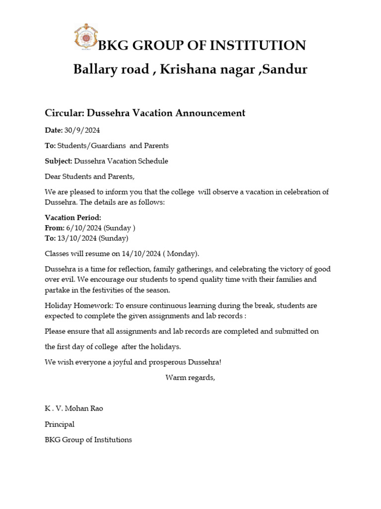 Circular Dussehara Vacation | PDF | Wellness