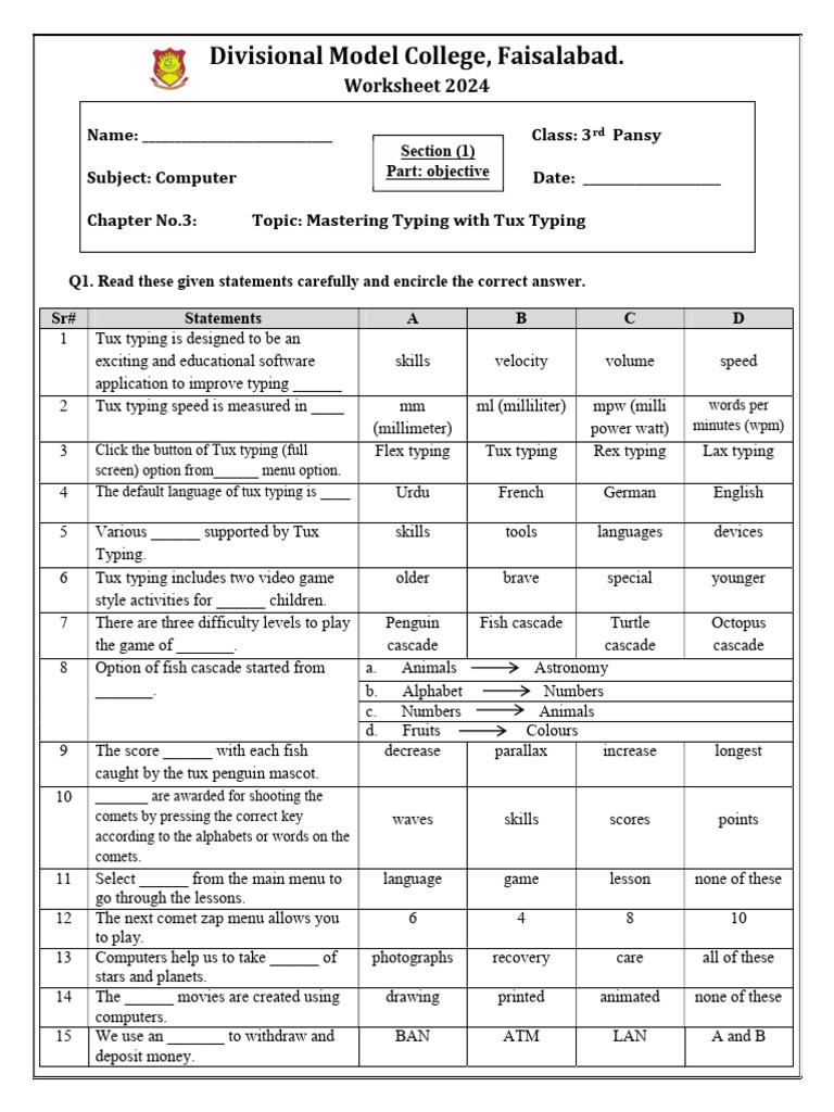 Worksheet 3 Computer Tux Typing 2024 | PDF | Computers