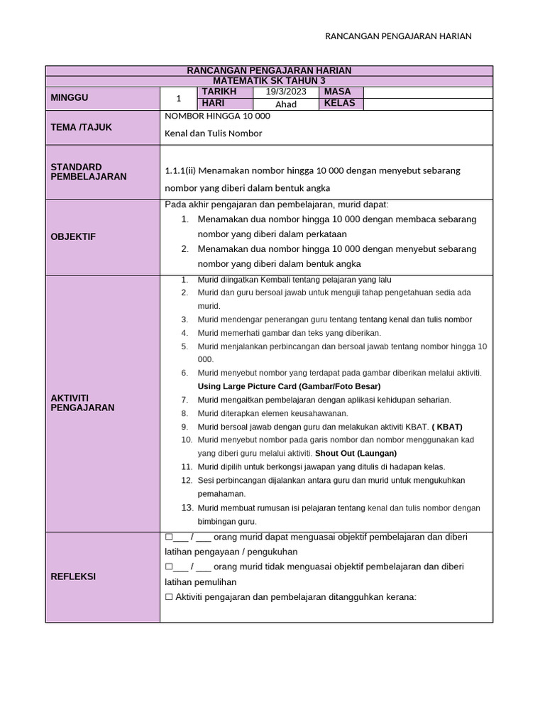RPH Ringkas Minggu 1 Math SK THN 3 2024 by Cikgu Gorgeous | PDF | Karier & Perkembangan | Seni