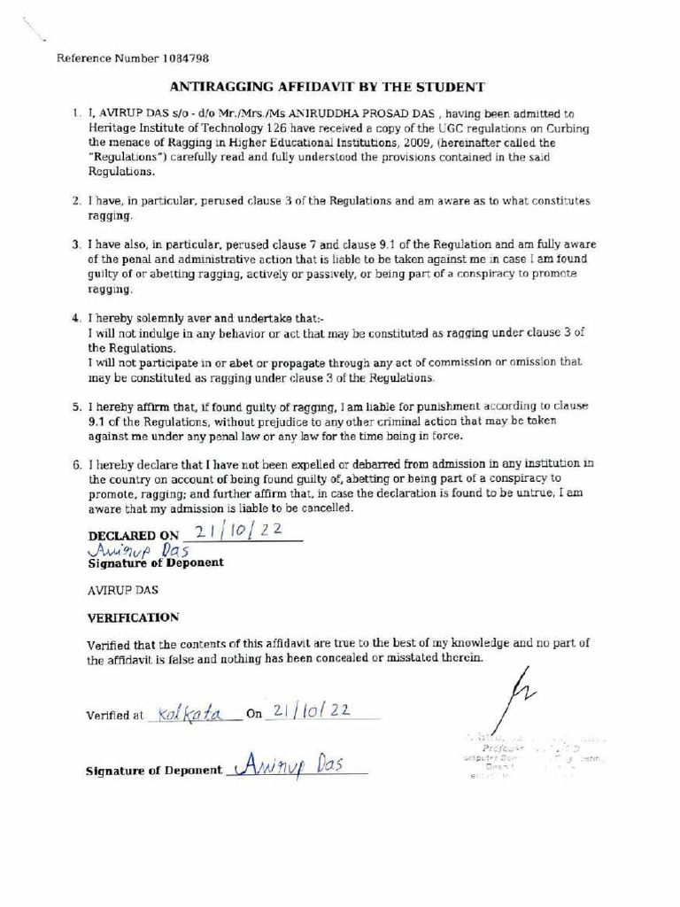 Anti Ragging Declaration | PDF | Affidavit | Education Issues