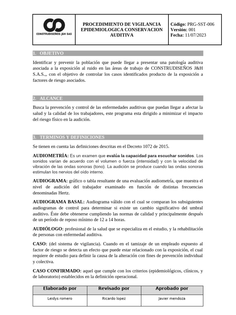 PRG-SST-006 Programa Vigilancia Epidemiologica Conservacion Auditiva | PDF | Escuchando | ruido