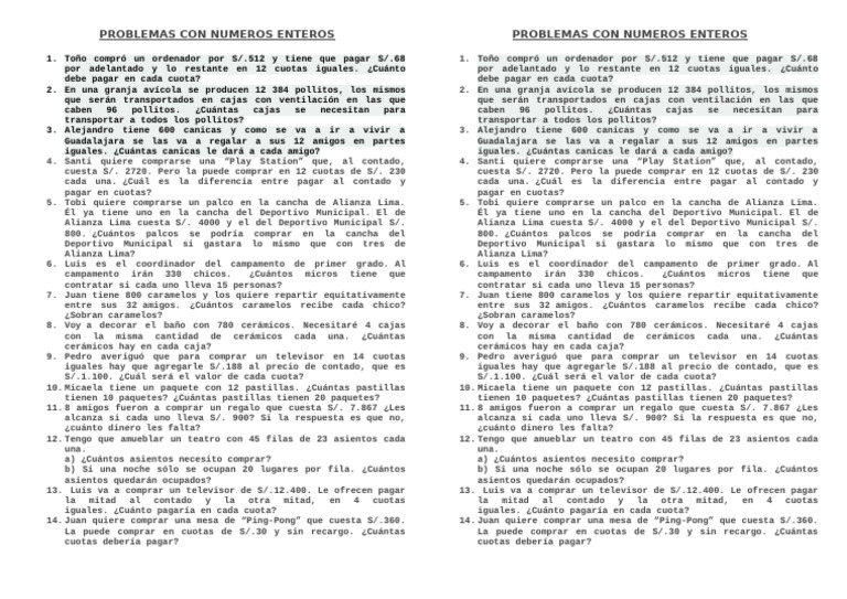 Problemas Con Numeros Enteros | PDF | Hogar, jardinería y bricolaje