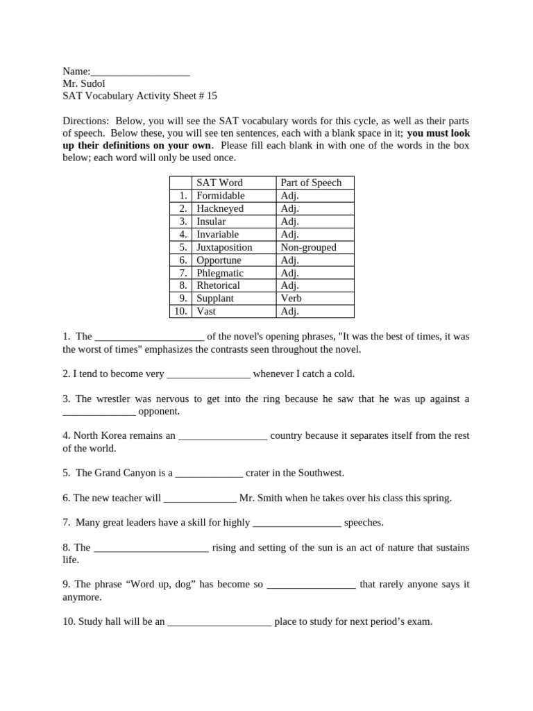 SAT Vocabulary Activity Sheet 15 | PDF | Foreign Language Studies ...