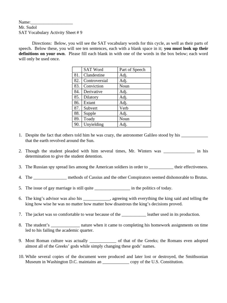 SAT Vocabulary Activity Sheet #9 | PDF