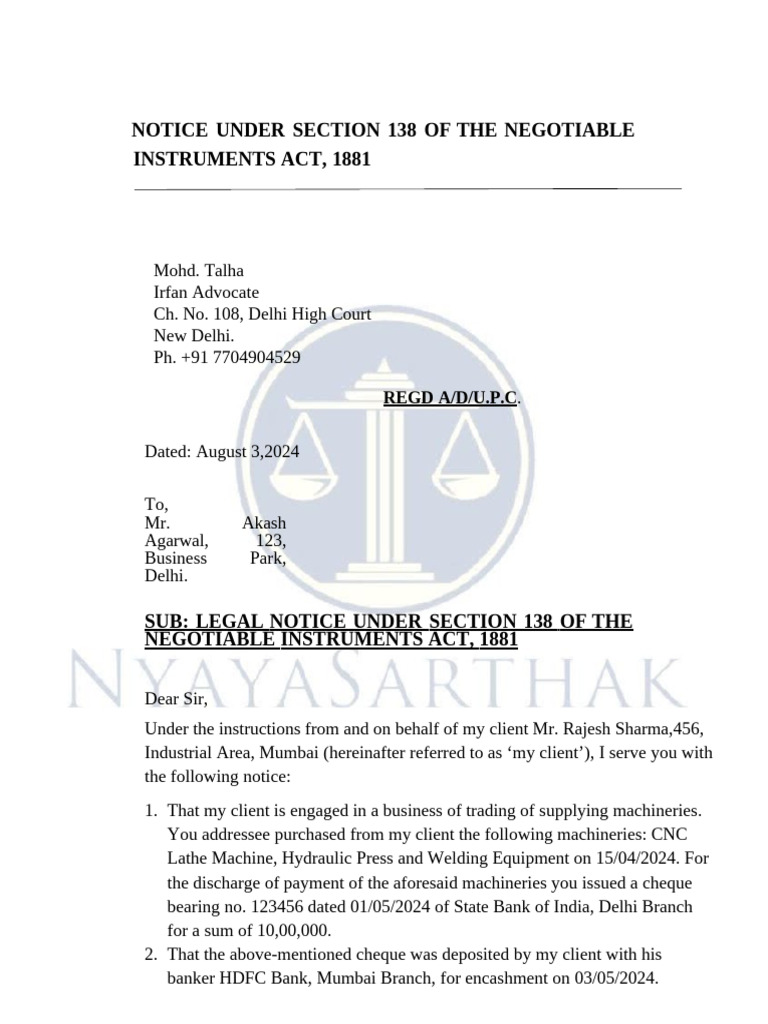Notice Under Section 138 of The Negotiable | PDF