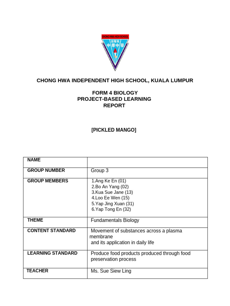 Chong Hwa Independent High School, Kuala Lumpur Form 4 Biology Project ...