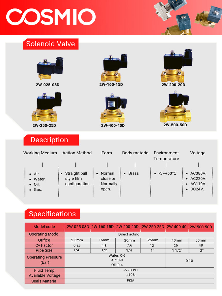 Ficha técnica Válvula Solenoide COSMIO | PDF