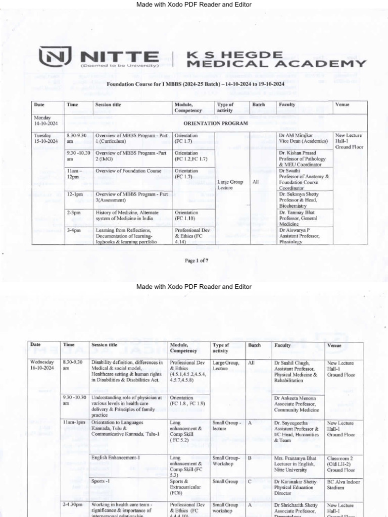 Foundation Course For I MBBS 2024-25 Batch 14-10-2024 To 19-10-2024 | PDF