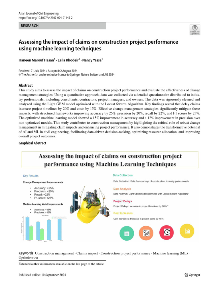 Assessing The Impact of Claims On Construction Project Performance Using Machine Learning ...