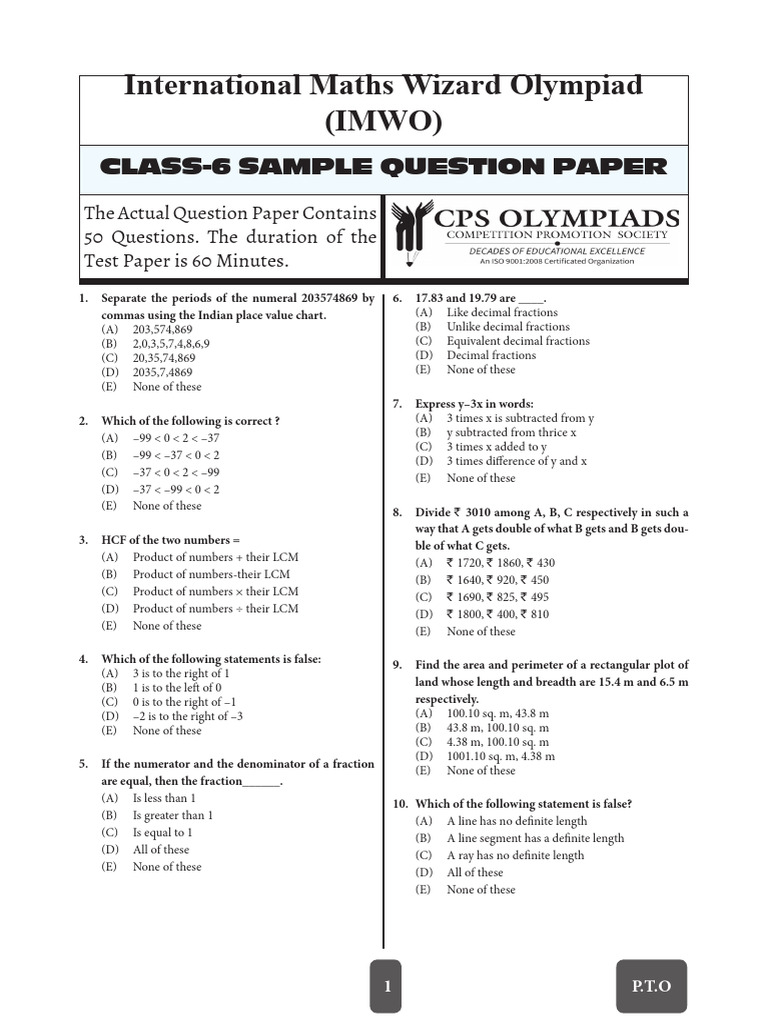 Math CLASS 6 Sample Paper | PDF | Decimal | Arithmetic