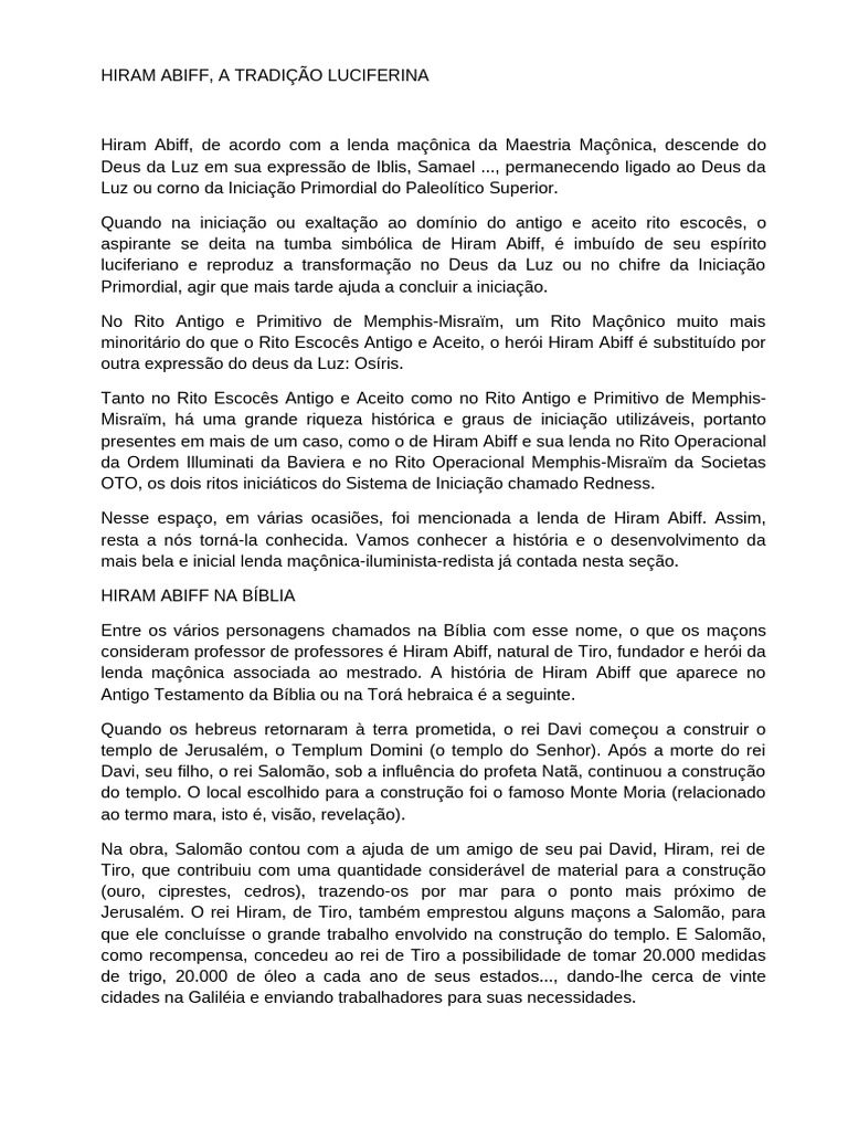 Hiram Abiff e a Tradição Luciferina | PDF | Adão e Eva | Salomão