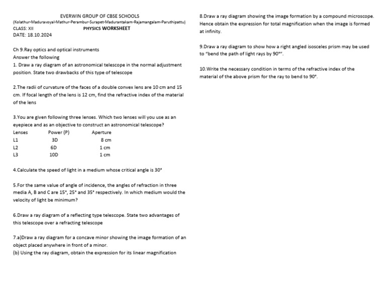 Class Xii-Phy Worksheet - 18.10.24 | PDF | Science & Mathematics