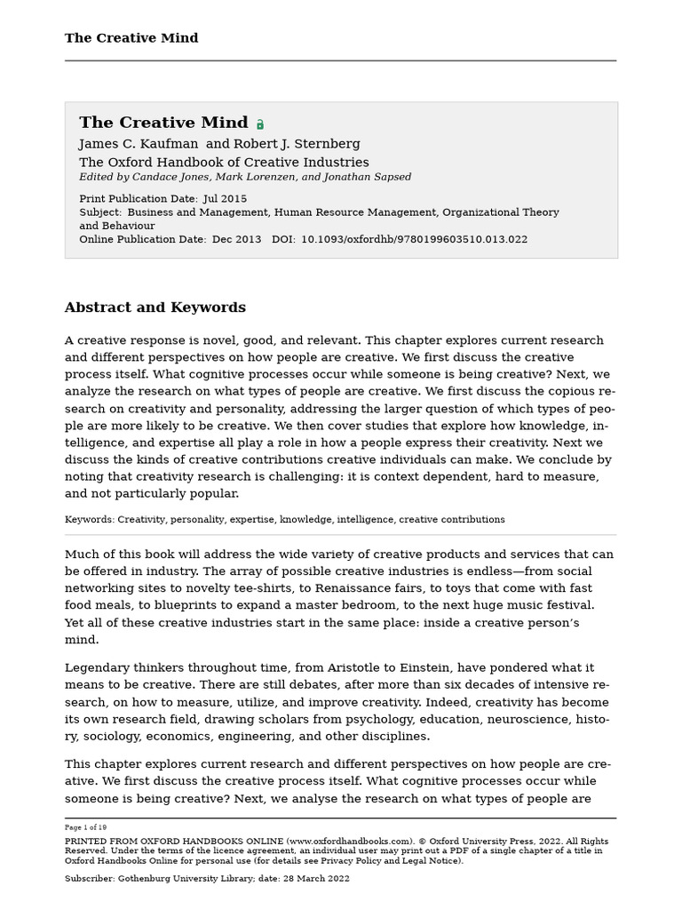 Kaufman et al., 2015. The Creative Mind | PDF | Creativity ...