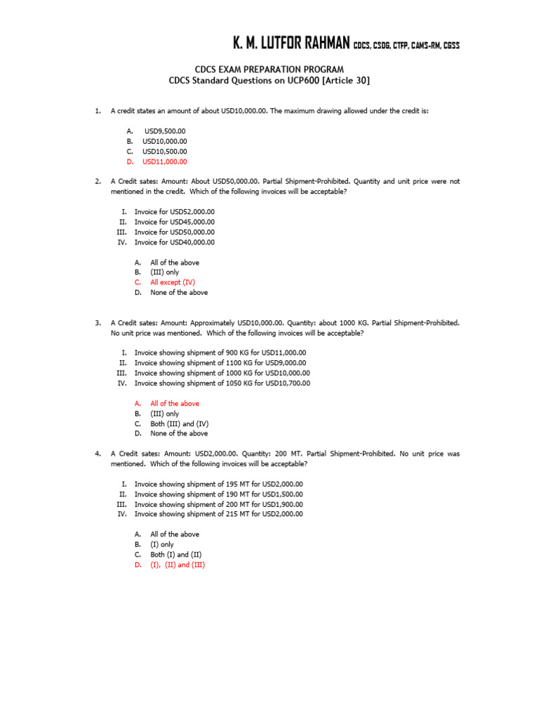 CDCS Class Test - UCP A30 - WA | PDF | Accounting | Business Documents