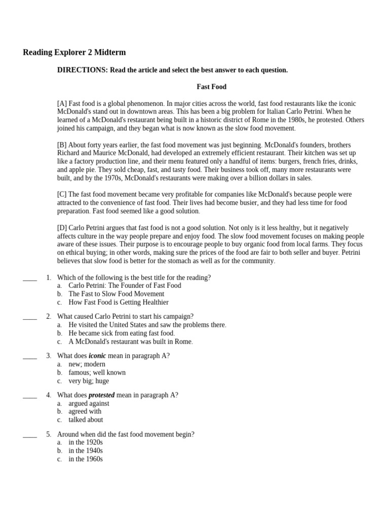 Reading Explorer 2 Midterm | PDF | Fast Food | Mc Donald's
