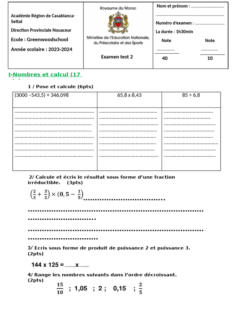 Examen Math CE6 Maroc 2023-2024 | PDF | Géométrie | Géométrie euclidienne