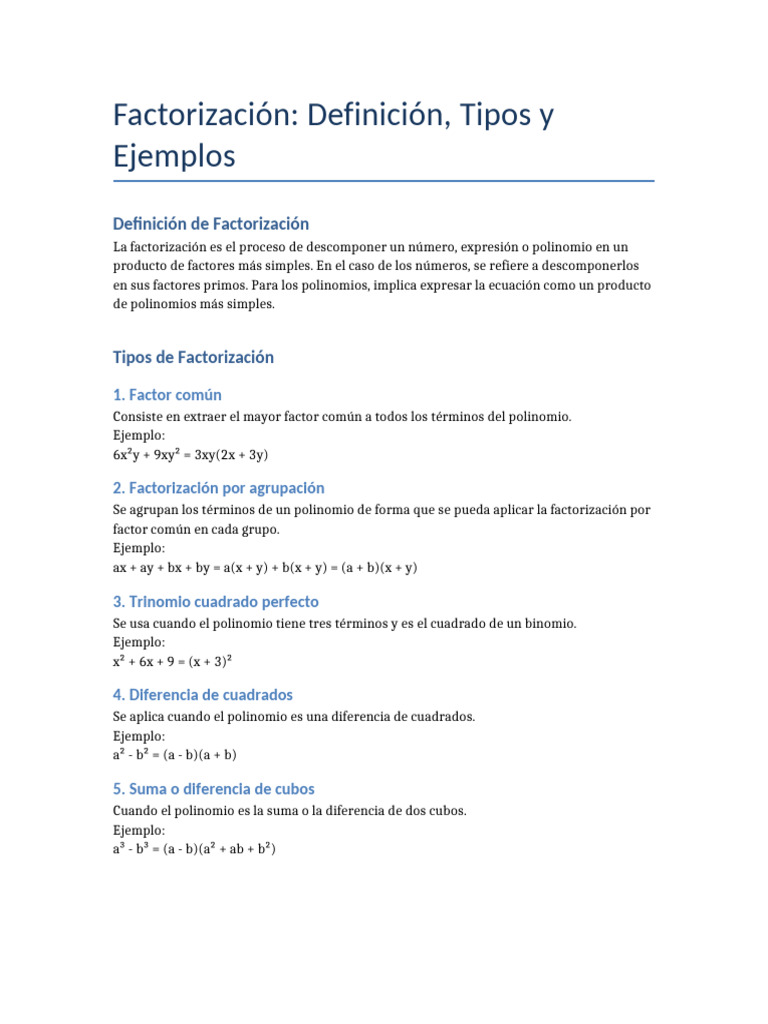 Factorizacion: Definicion, Tipos y Ejemplos | PDF
