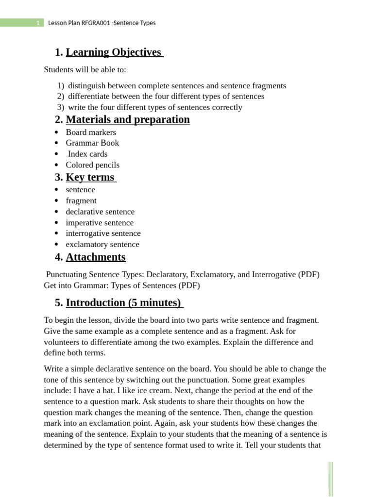 Lesson Plan RFGRA001 - Sentence Types Grades 5 and 6 | PDF | Sentence ...
