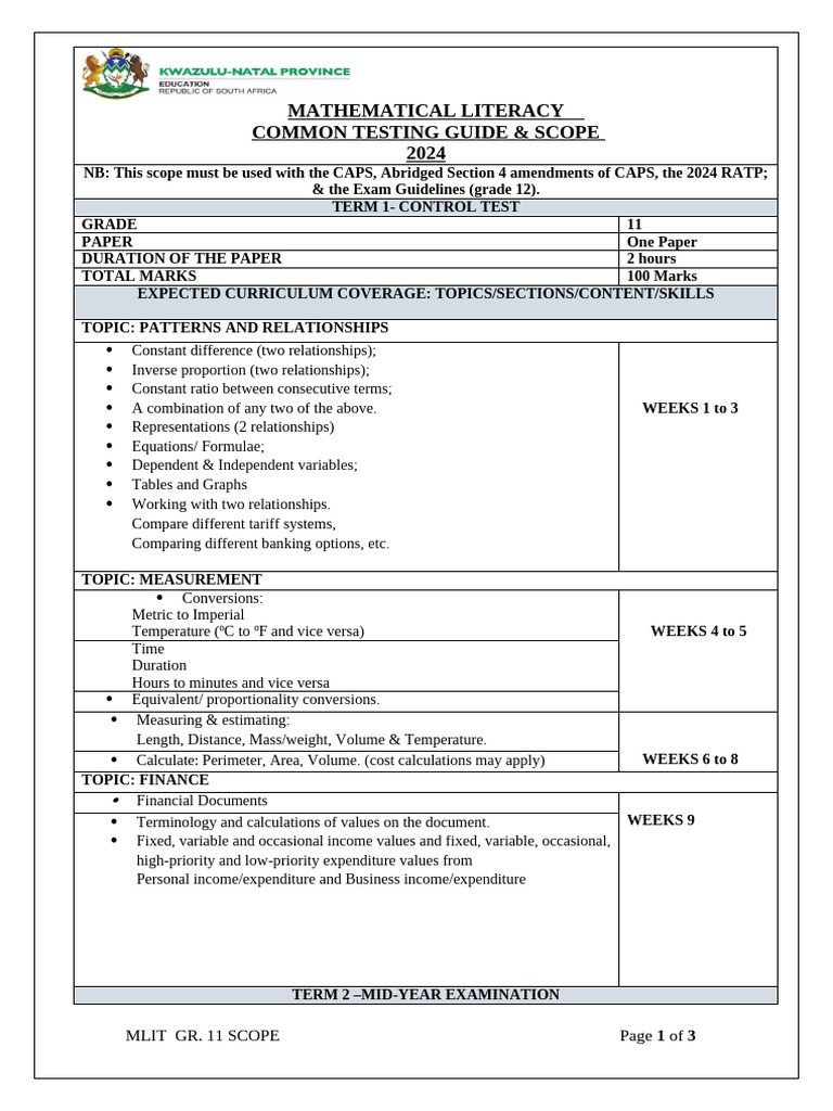 Grade 11 Maths Literacy Exam Scope 2024 | PDF | Measurement | Volume