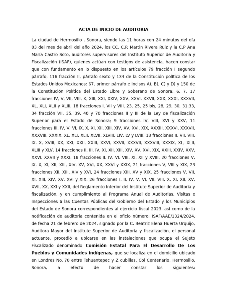 Acta de Inicio de Auditoria | PDF | Auditoría | Negocios económicos