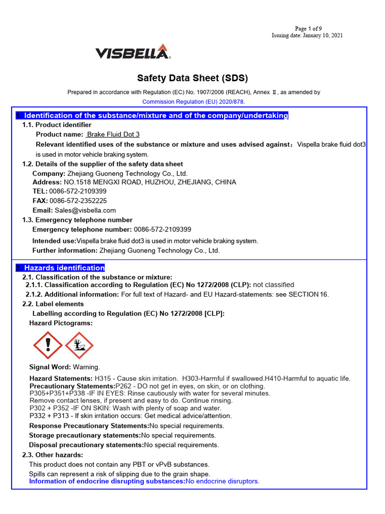 Brake Fluid Dot 3 SDS | PDF | Waste | Waste Management