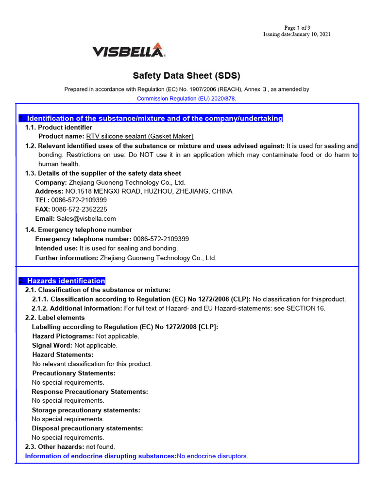 RTV Silicone Sealant Safety Data Sheet | PDF | Toxicity | Fires