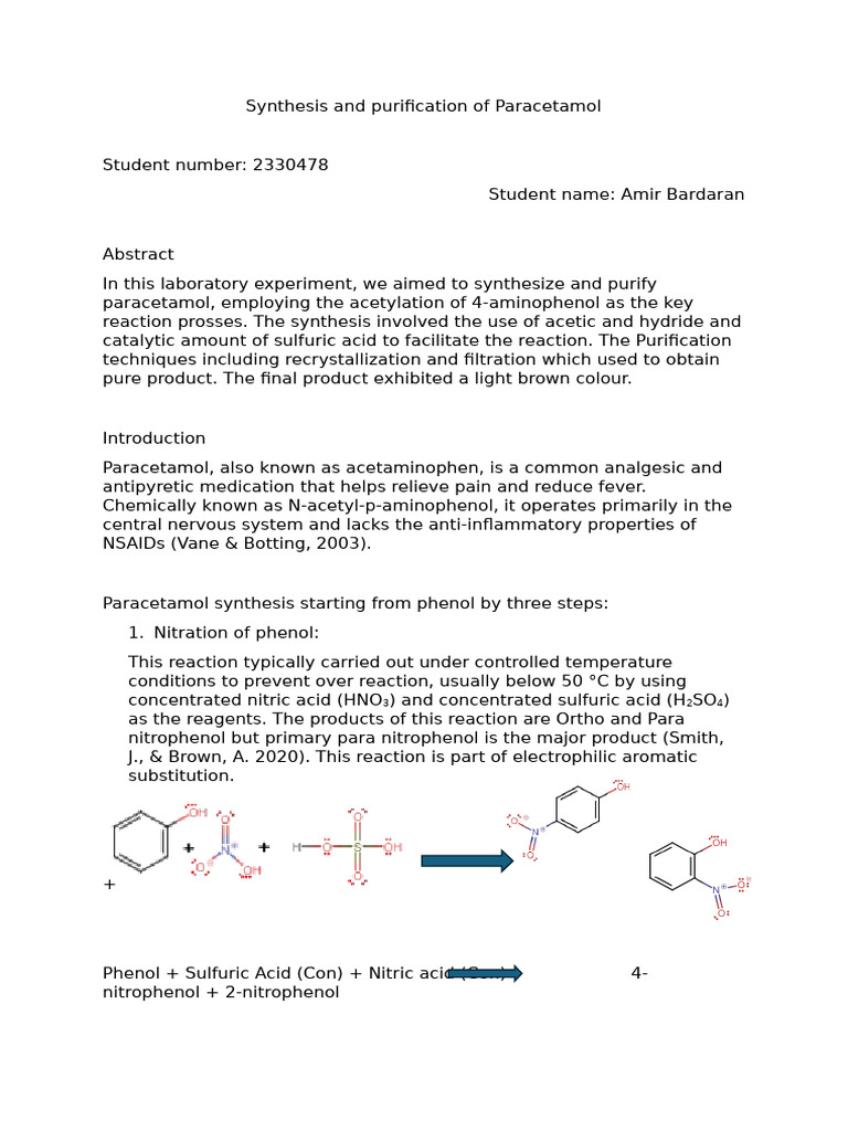 Synthesis and Purification of Paracetamol | PDF | Chemical Reactions | Acid