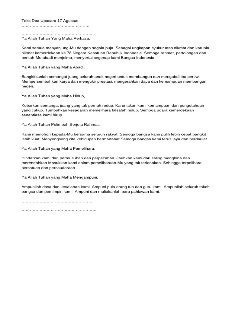 Contoh Teks Doa Upacara 17 Agustus | PDF