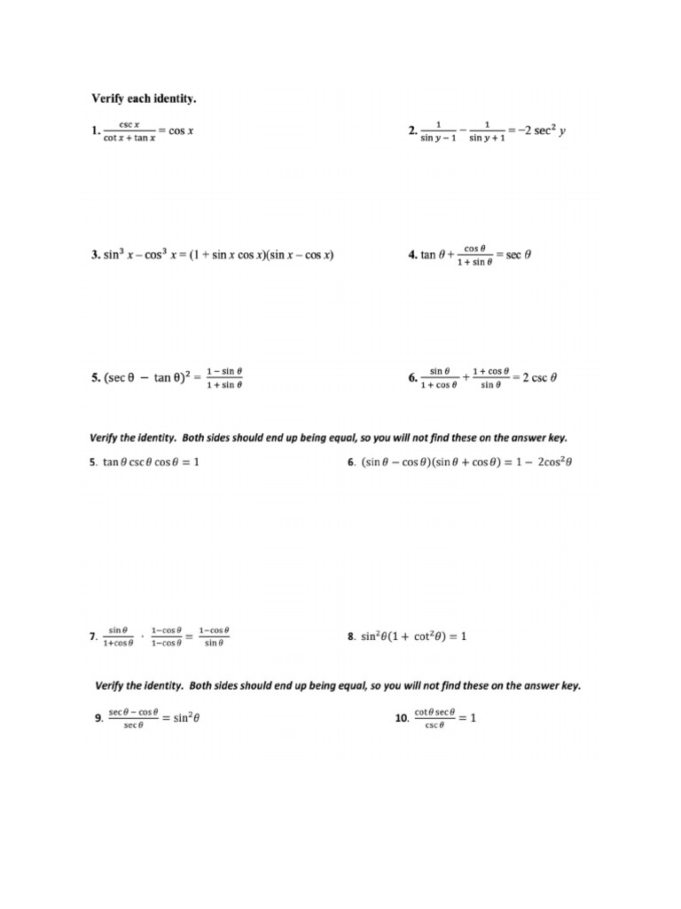 Verify Trig Worksheet | PDF