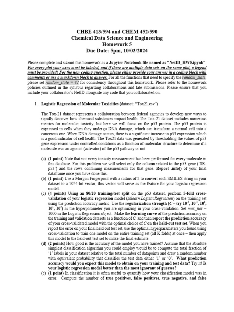 Chbe413cds HW5 Fa24 | PDF | Cross Validation (Statistics) | Applied Mathematics