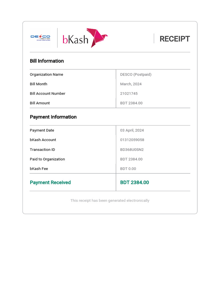 DESCO March Bill Receipt | PDF
