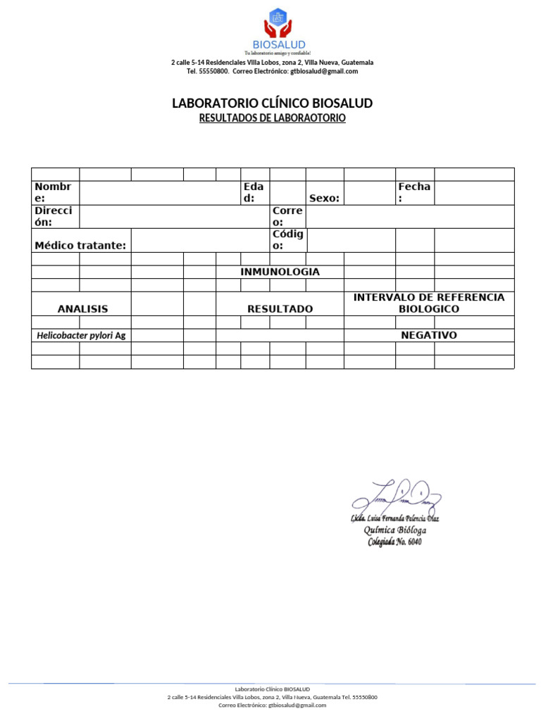 FORMATO - Resultados de PRUEBA DE HELICOBACTER PYLORI AG - BIOSALUD | PDF