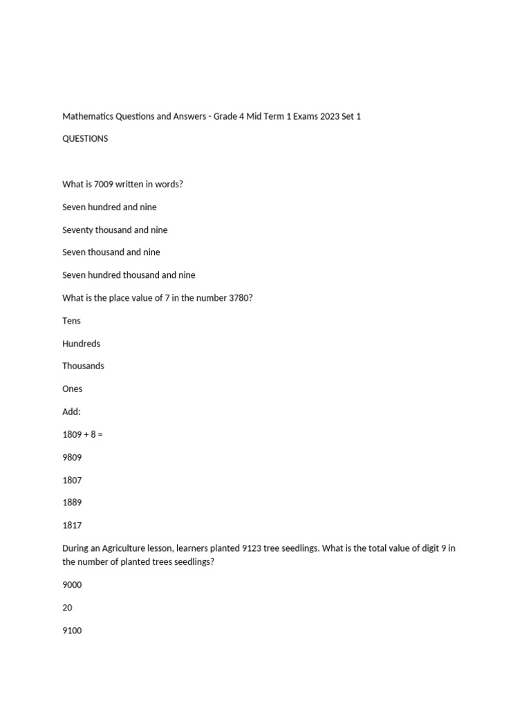 Grade 4 Maths Mid Term Exam 2023 | PDF