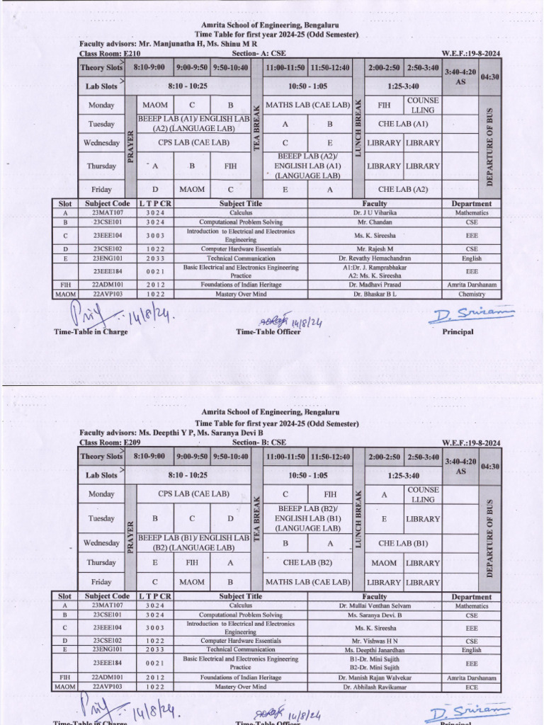 Final Timetable For First Year | PDF