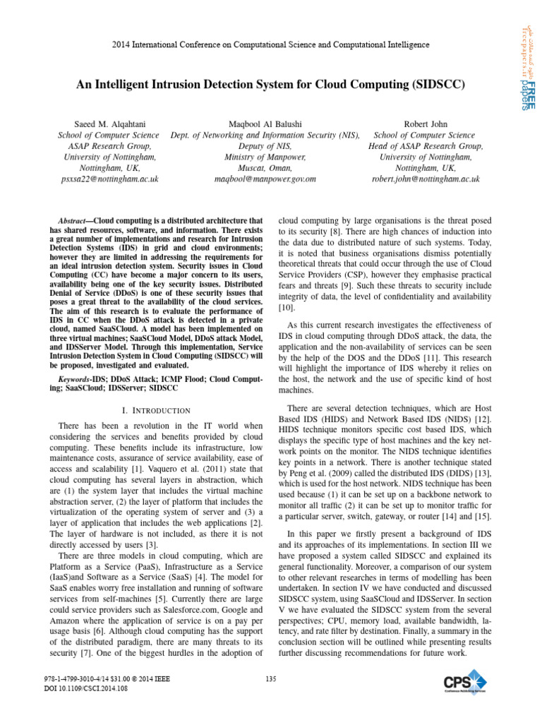 An Intelligent Intrusion Detection System For Cloud Computing (SIDSCC) | PDF | Denial Of Service ...