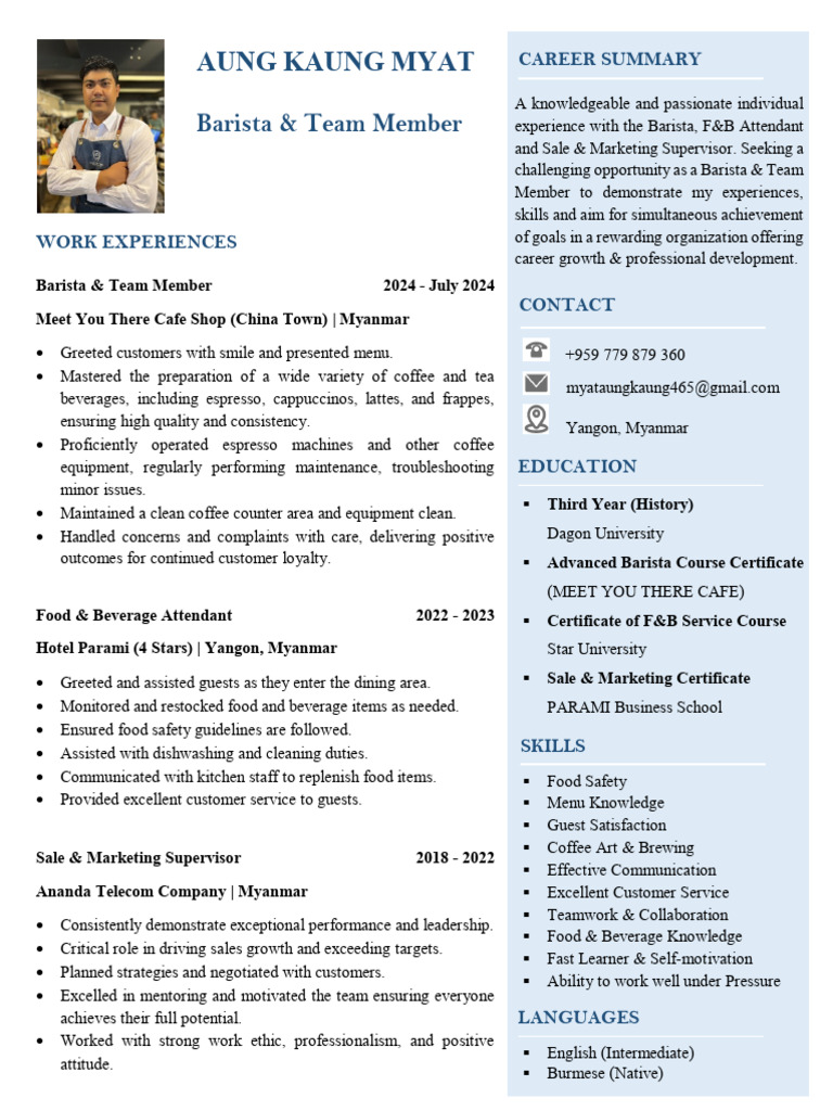 Resume (Aung Kaung Myat) | PDF | Myanmar | Coffee