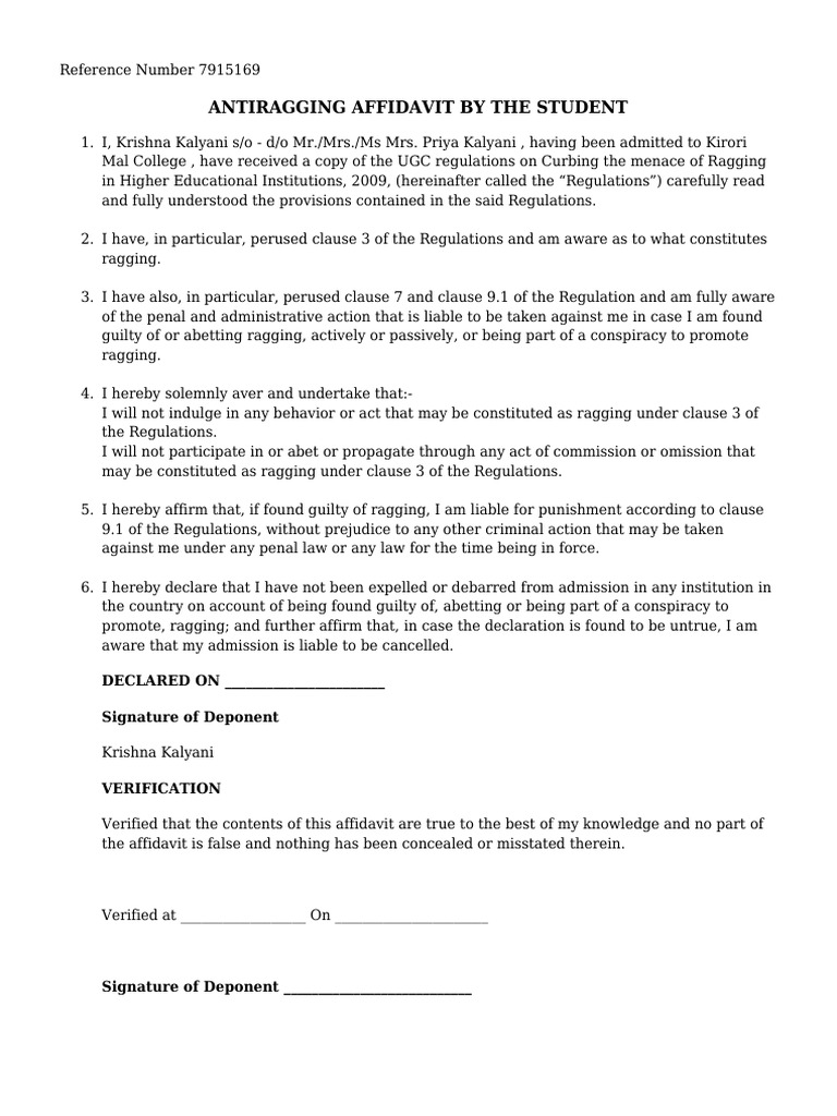 Anti Ragging Affidavit Form | PDF | Affidavit | Justice