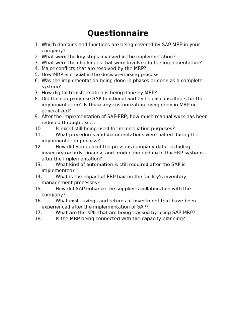 Questionnaire For MRP Implementation | PDF | Business
