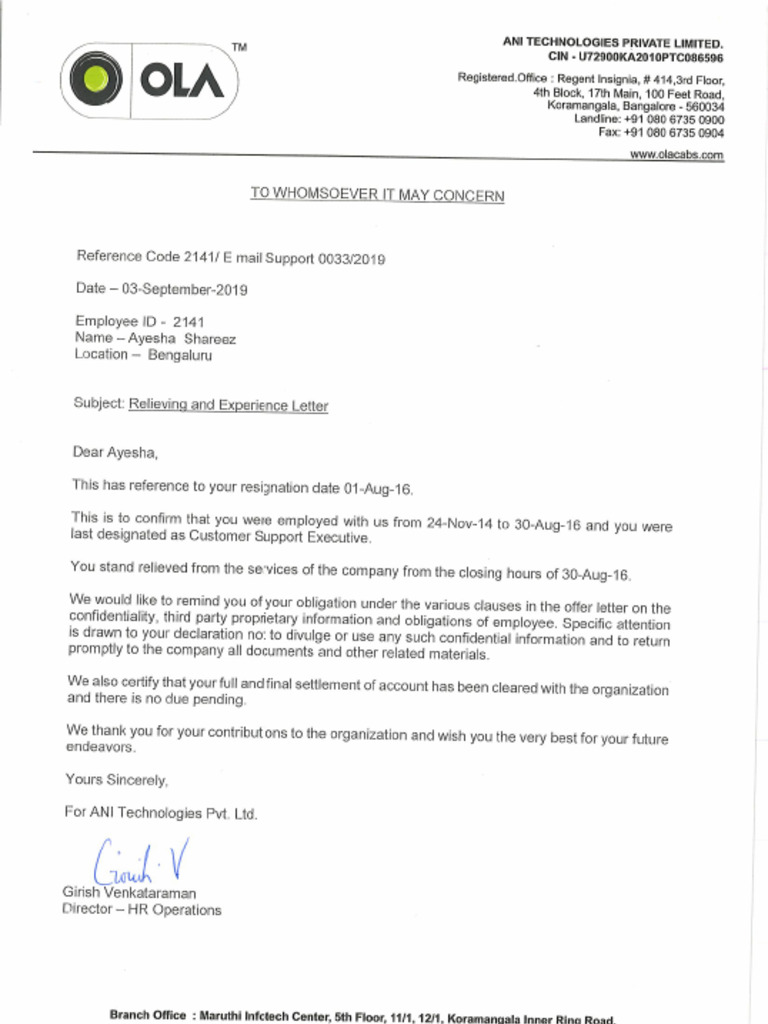 Ola Relieving Letter (1) - Edited | PDF