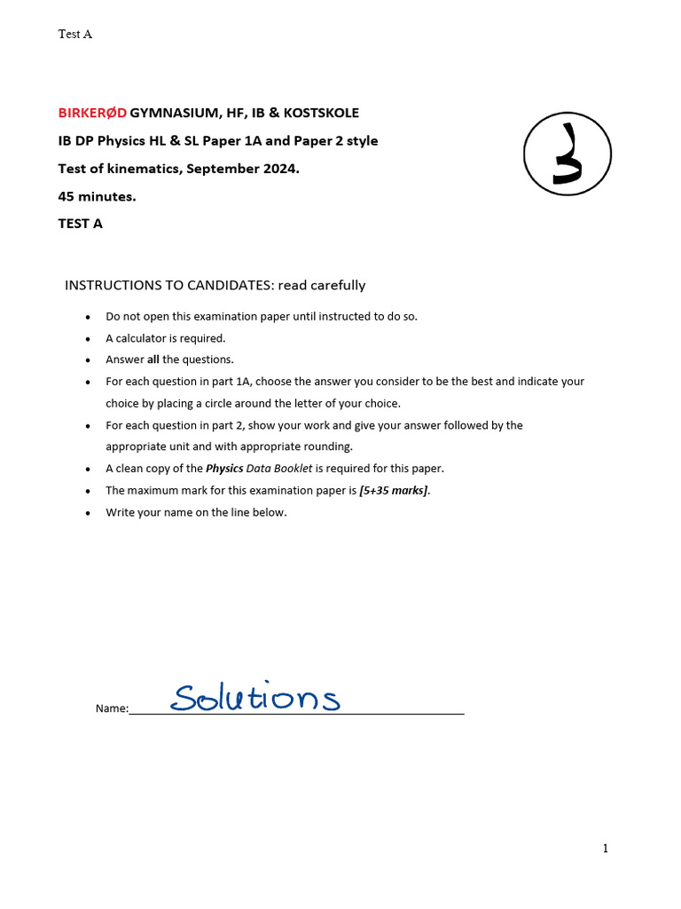 Kinematics Test for IB Physics DP | PDF | Speed | Acceleration