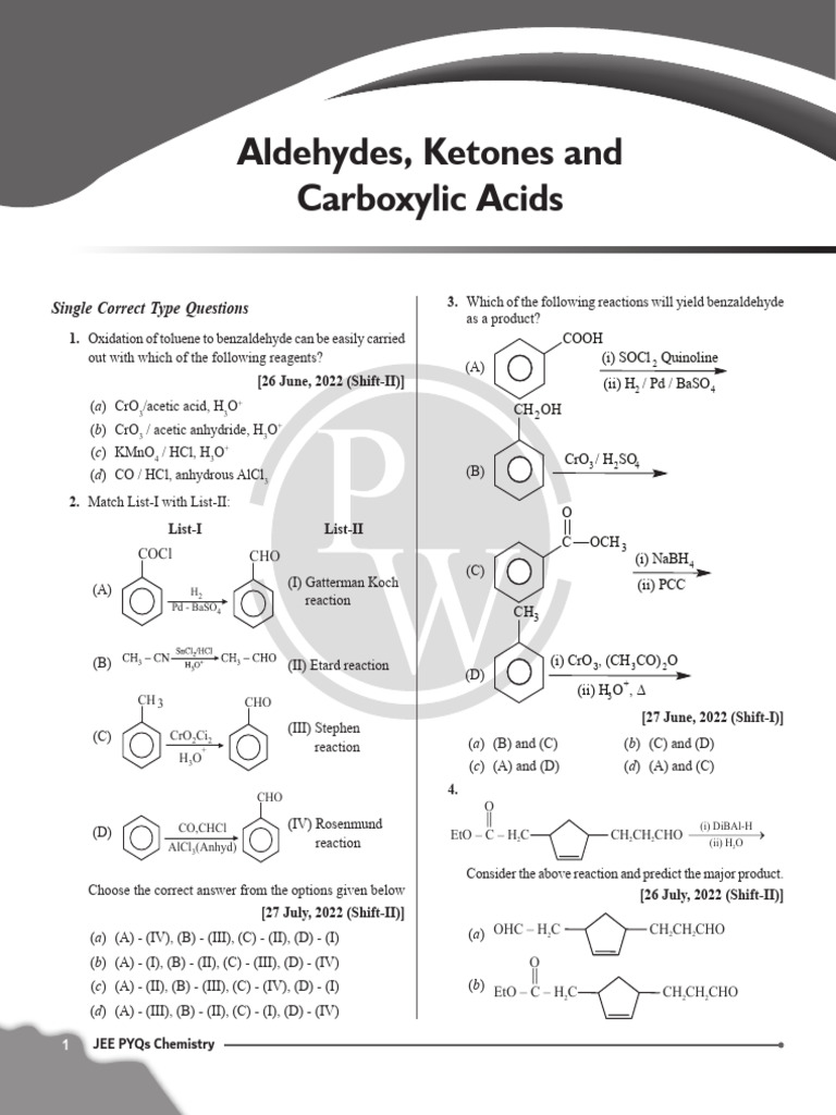 Aldehydes, Ketones and Carboxylic Acids PYQ Practice Sheet | PDF | Carboxylic Acid | Organic ...