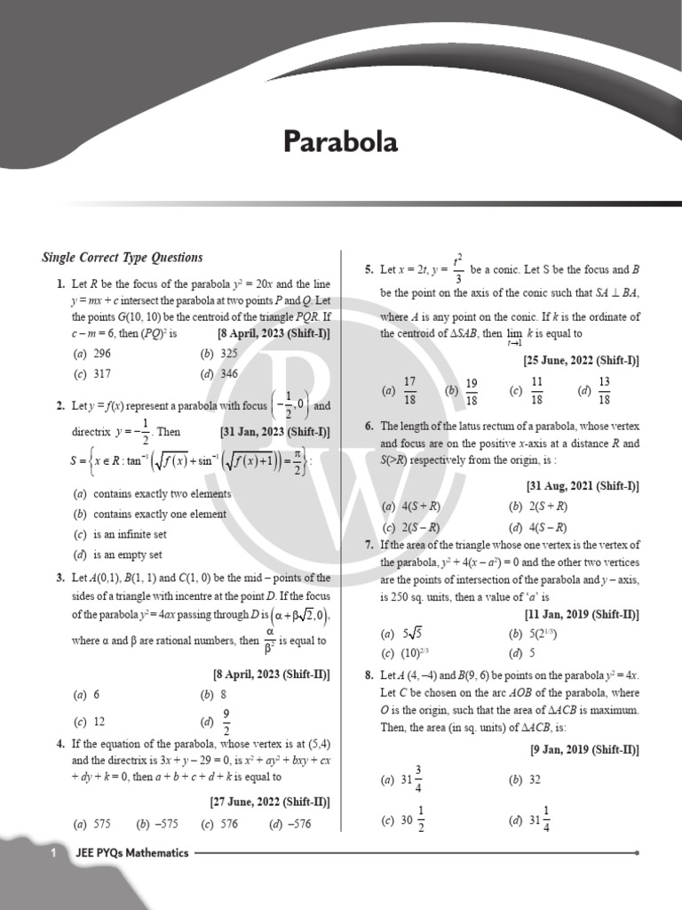 Parabola _ PYQ Practice Sheet | PDF | Euclidean Geometry | Elementary Geometry