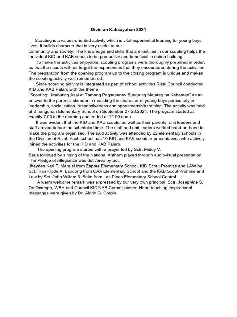 Kabsayahan 2024: Scouting Values and Activities | PDF
