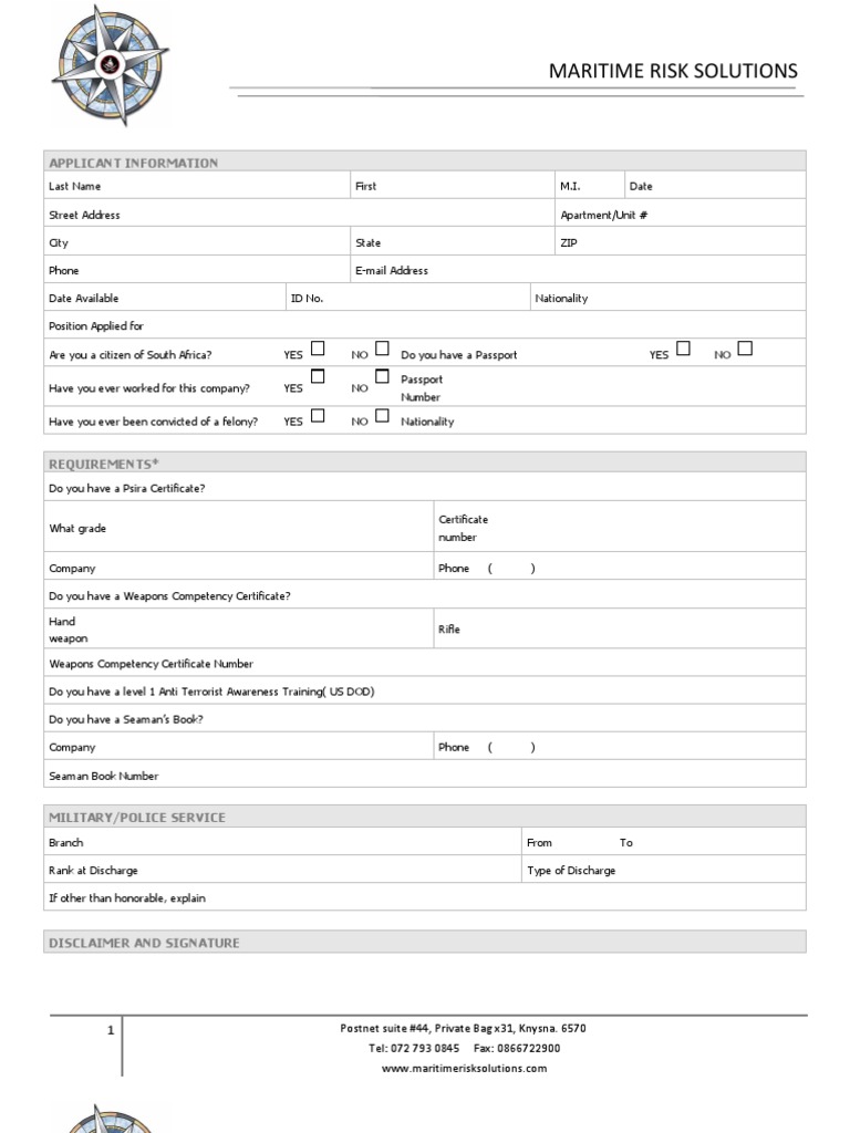Maritime Risk Solutions Application Form | PDF