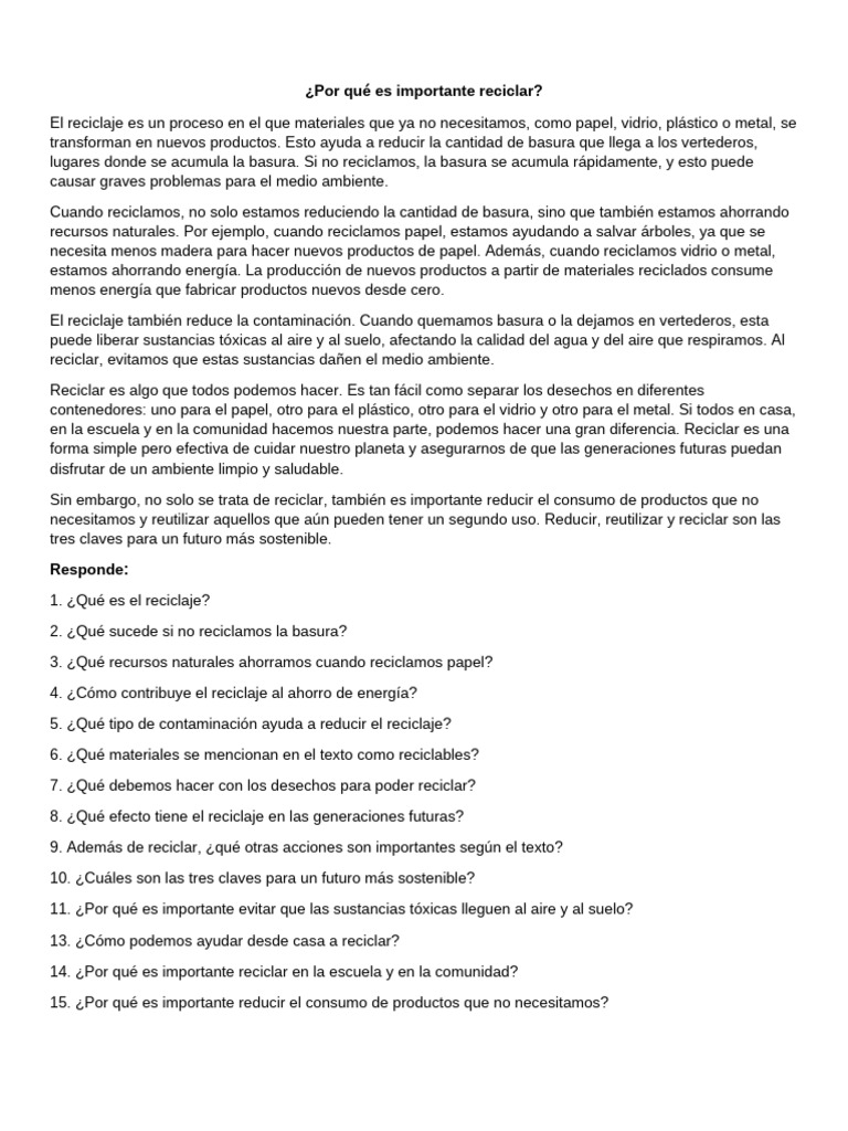 Comprension Lectora Grado 3 | PDF | Reciclaje | Residuos