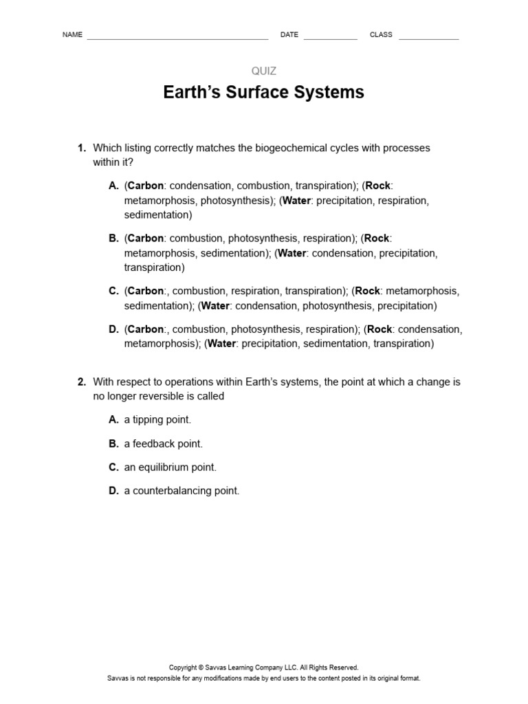 Editable Quiz PDF - Earth's Surface Systems | PDF | Systems Ecology ...